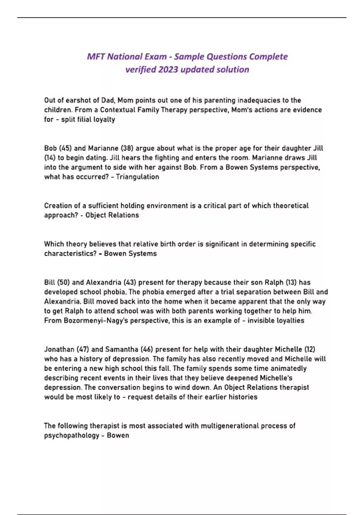 Mft national exam sample questions complete verified updated solution ...