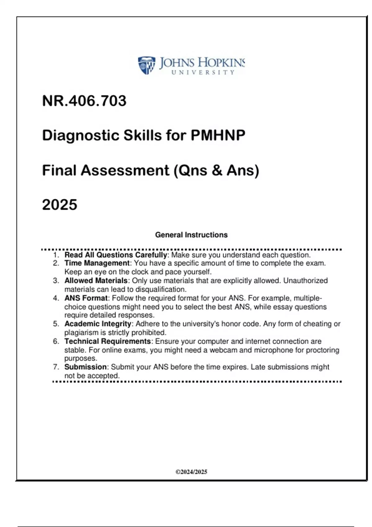 NR.406.703 Diagnostic Skills for PMHNP Final Assessment (Qns & Ans ...