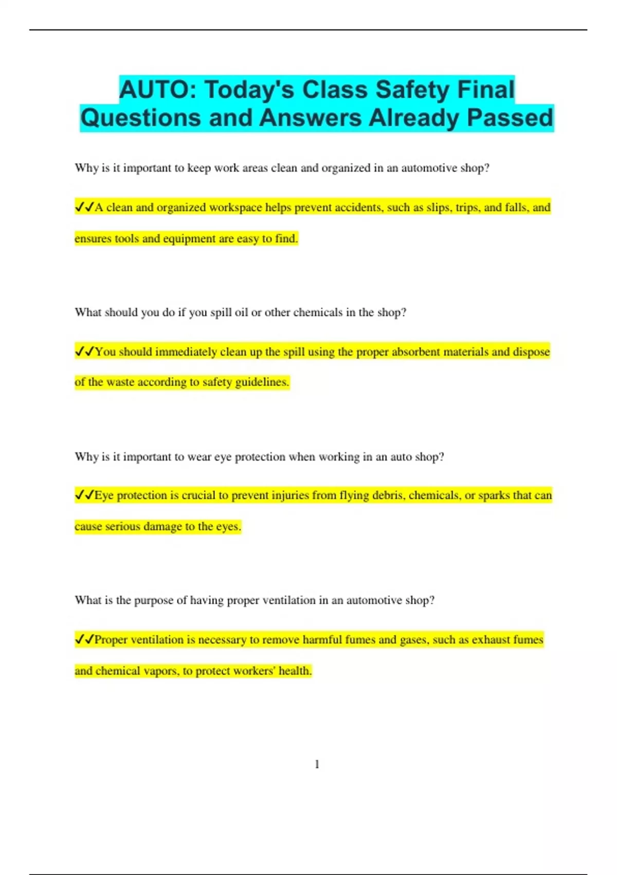 AUTO: Today's Class Safety Final Questions and Answers Already Passed ...
