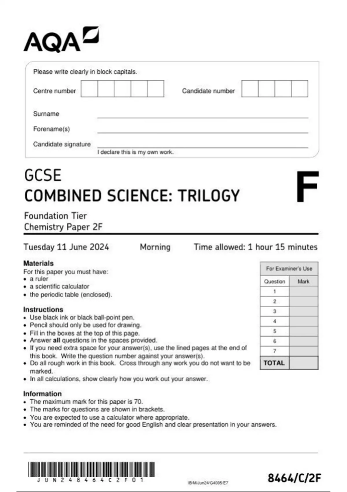 AQA GCSE COMBINED SCIENCE: TRILOGY 8464-C-2F Foundation Tier Chemistry ...