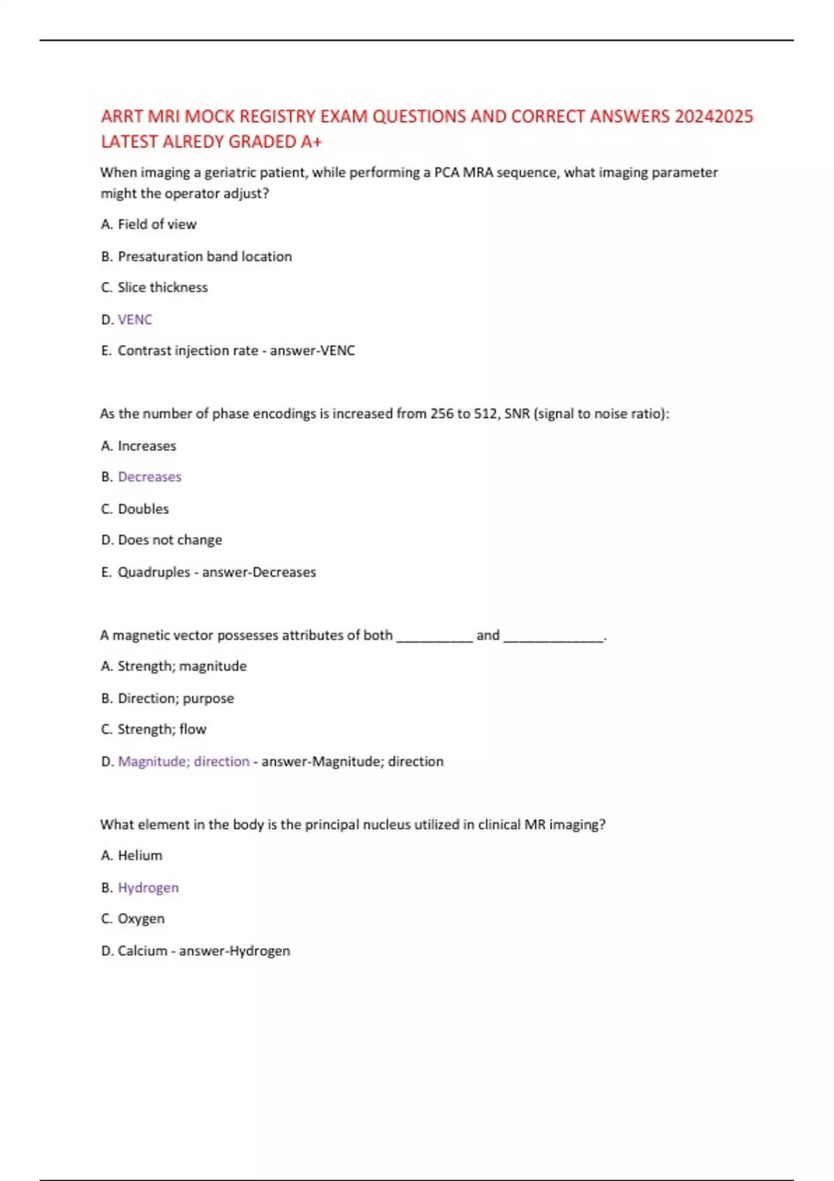 ARRT MRI MOCK REGISTRY EXAM QUESTIONS AND CORRECT ANSWERS LATEST ALREDY ...