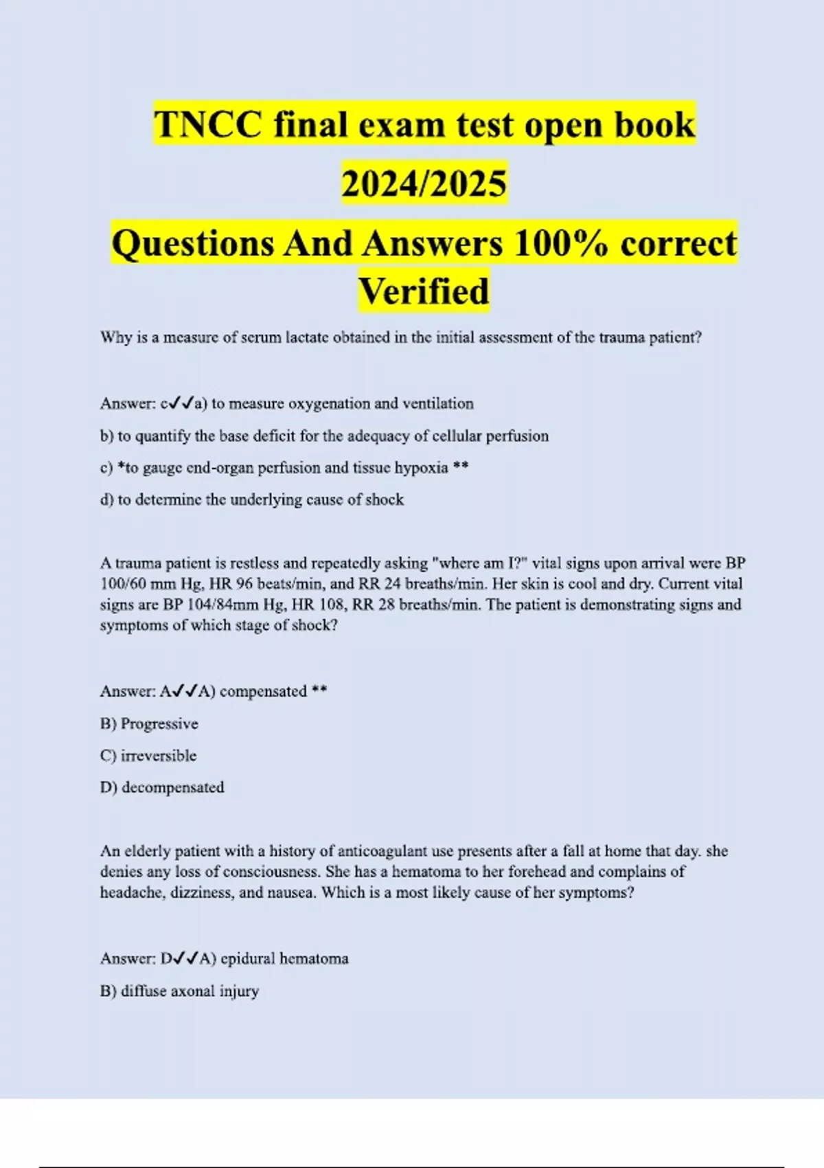 TNCC final exam test open book Questions And Answers 100- correct ...