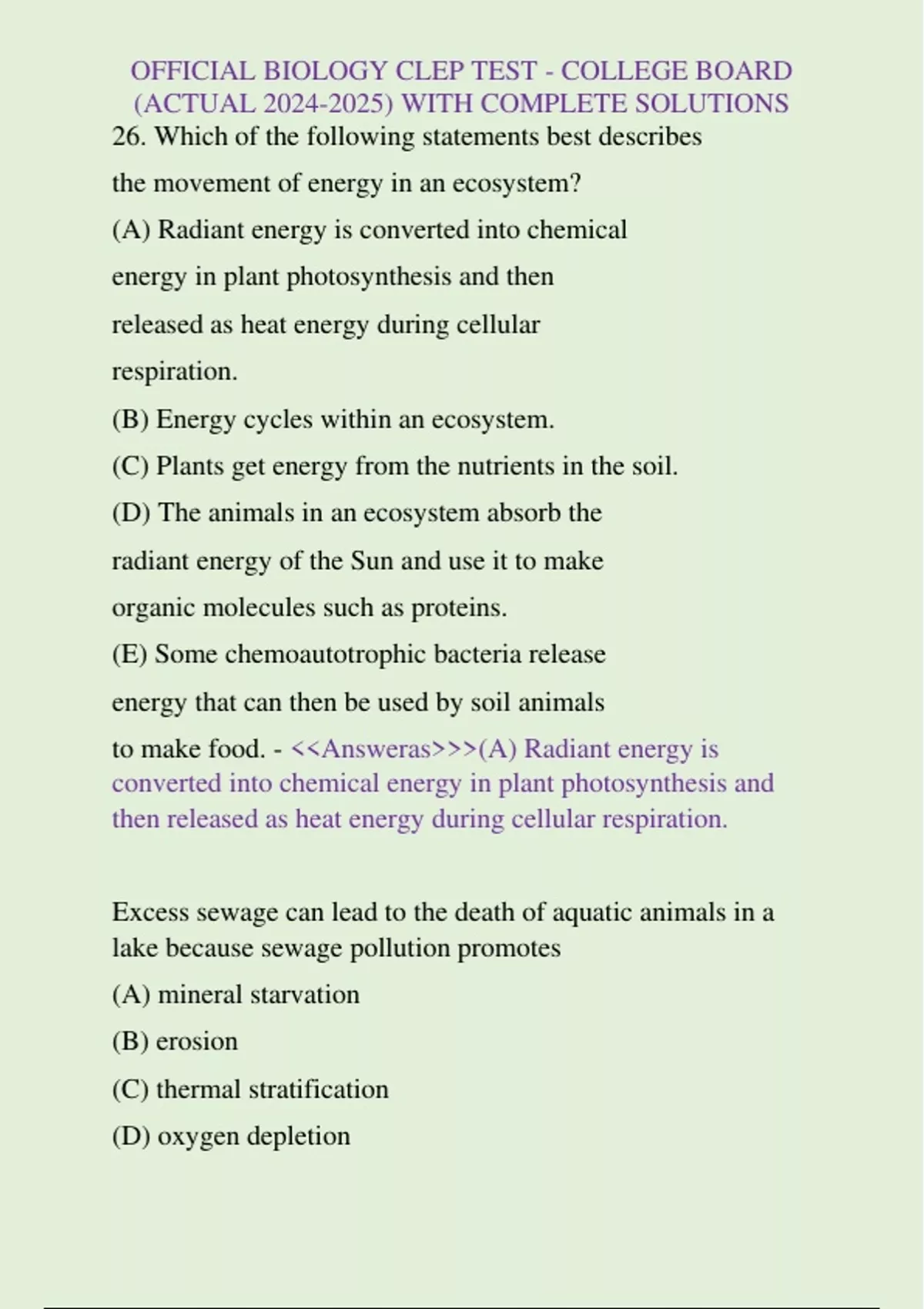 OFFICIAL BIOLOGY CLEP TEST - COLLEGE BOARD (ACTUAL ) WITH COMPLETE ...