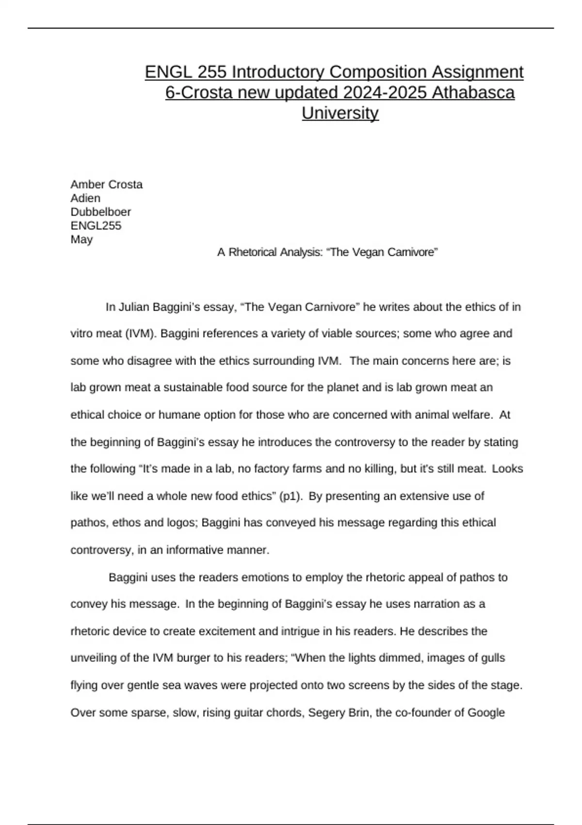 ENGL 255 Introductory Composition Assignment 6-Crosta new updated Athabasca University - ENGL ...