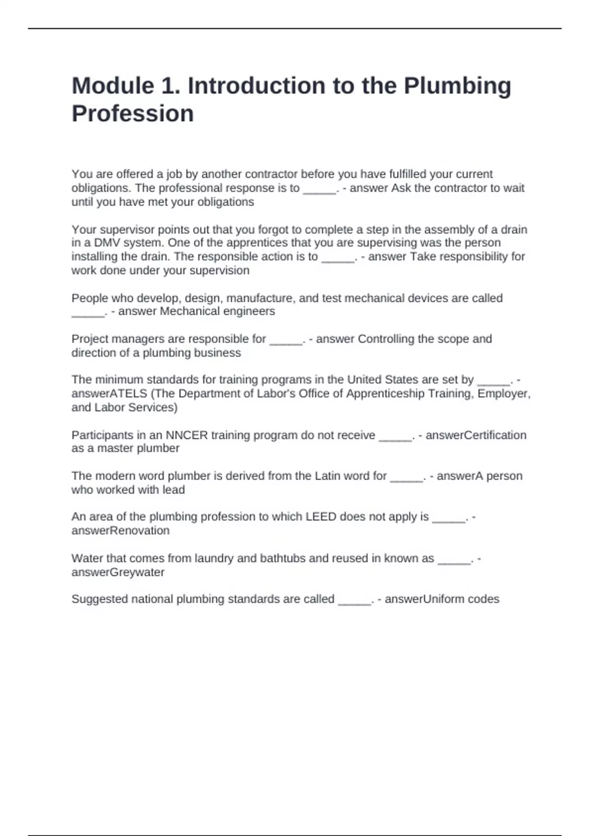 Module 1. Introduction to the Plumbing Profession Questions and Answers ...