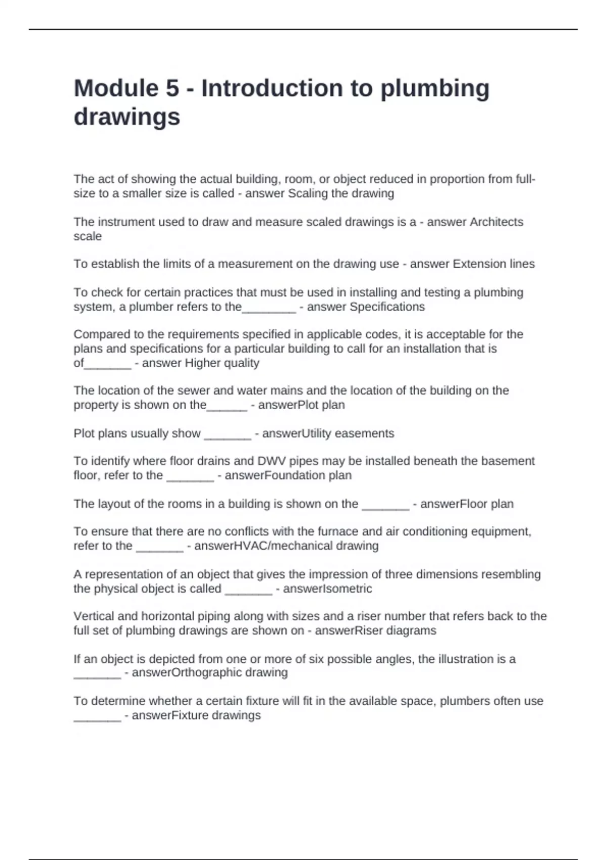 Module 5 - Introduction to plumbing drawings Questions and Answers 2024 - Plumbing - Stuvia US