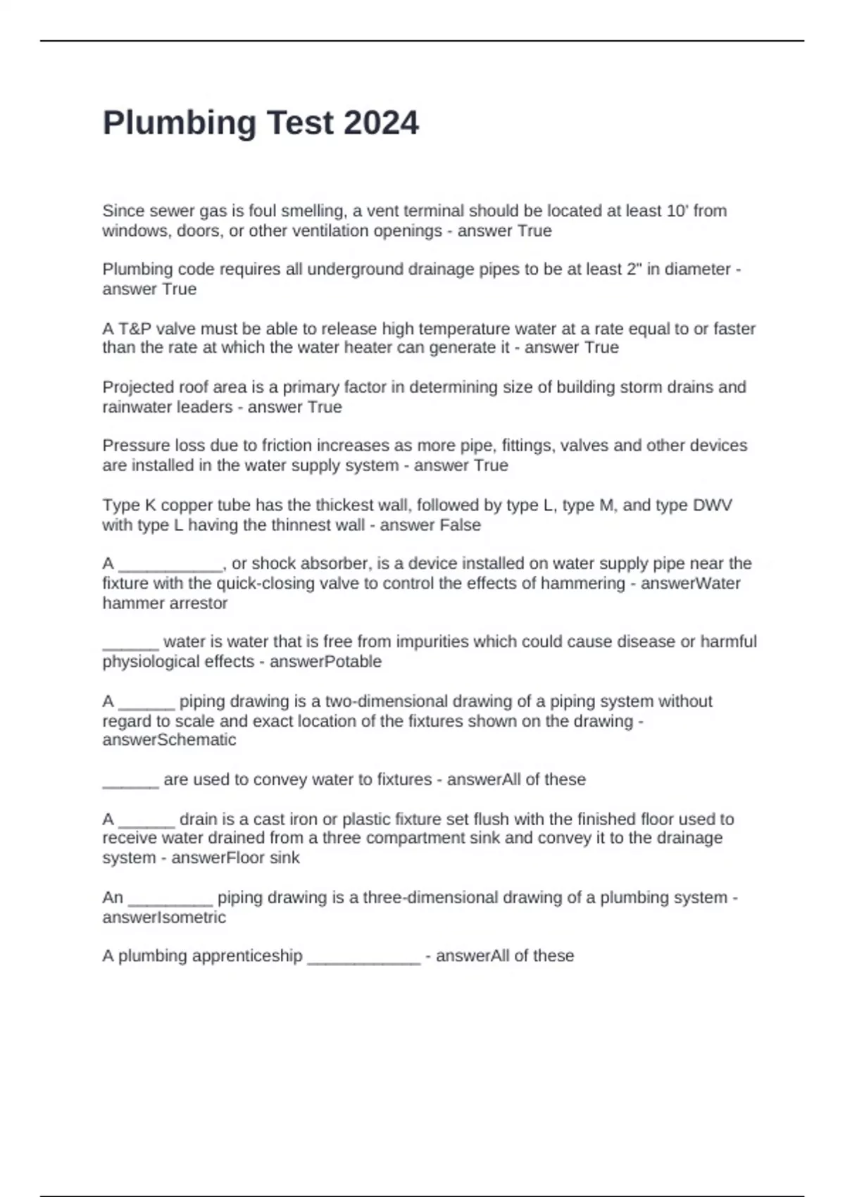 Plumbing Test 2024 Questions and Answers 100% Accurate - Plumbing ...