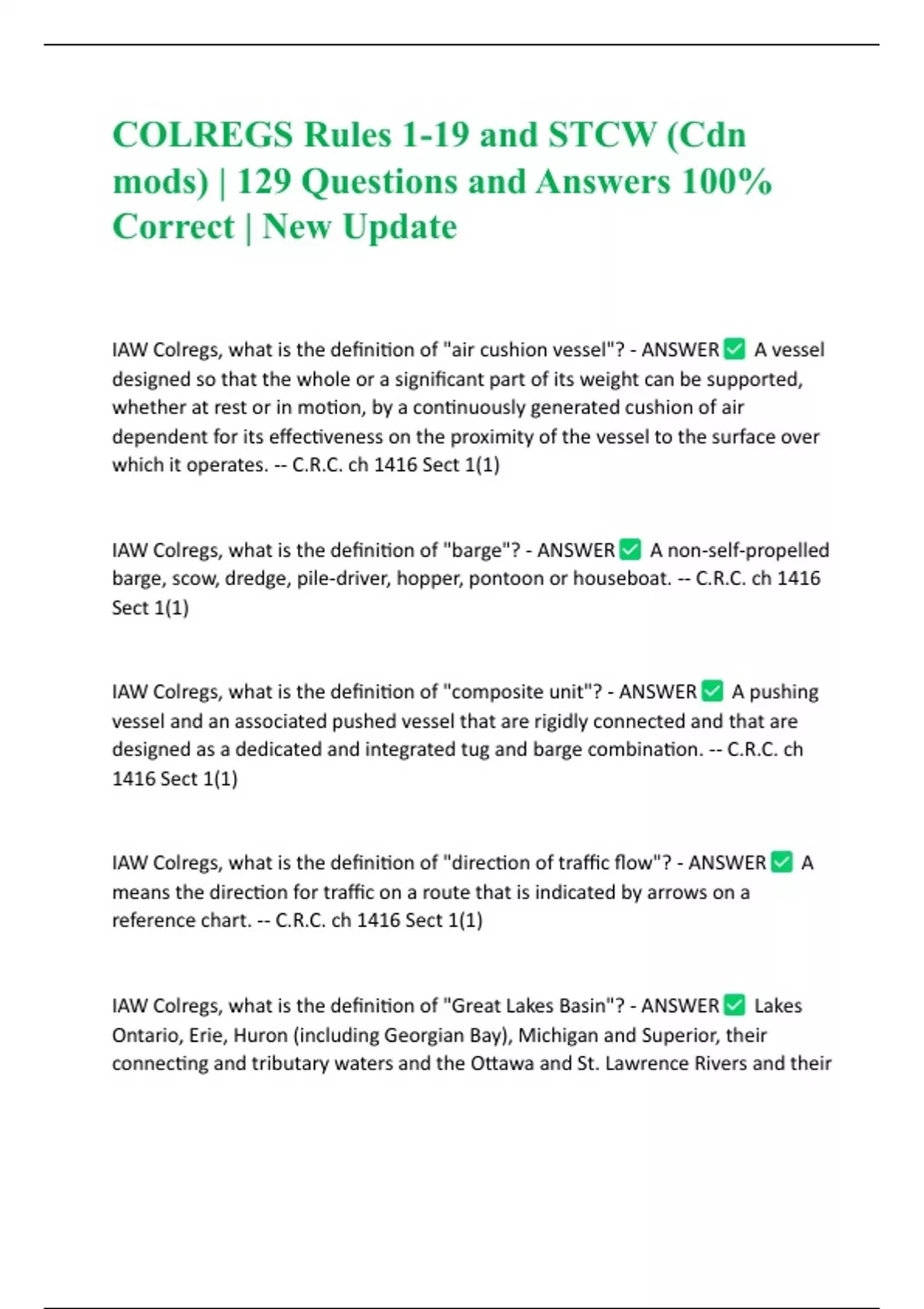 COLREGS Rules 1-19 and STCW (Cdn mods) | 129 Questions and Answers 100% Correct | New Update ...