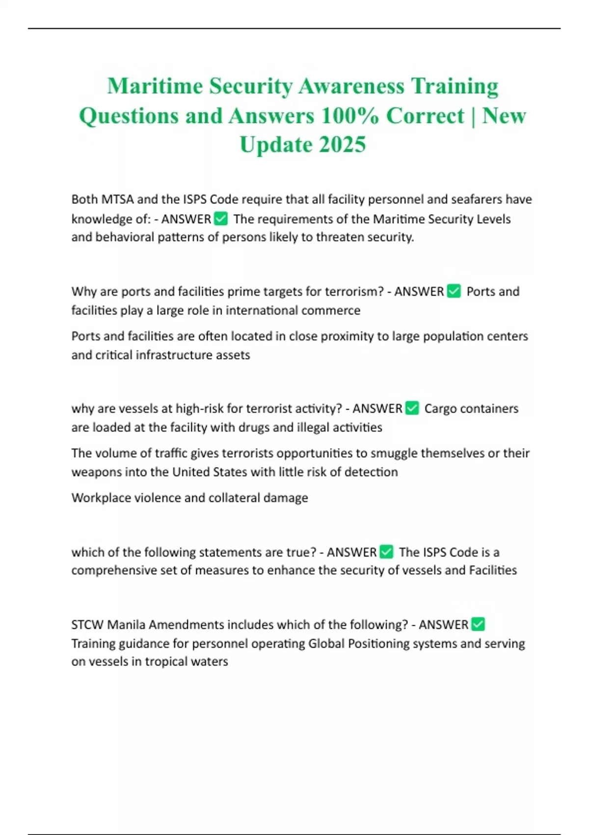 Maritime Security Awareness Training Questions and Answers 100% Correct ...