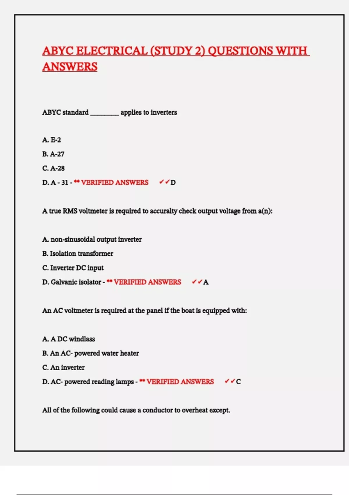 ABYC ELECTRICAL (STUDY 2) QUESTIONS WITH ANSWERS - ABYC Electrical ...