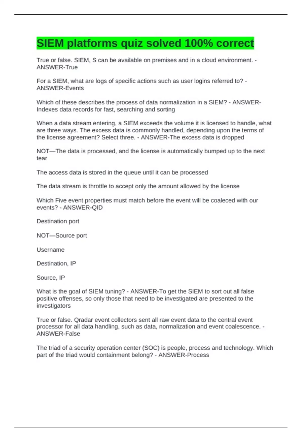 SIEM platforms quiz solved 100% correct - SIEM - Stuvia US