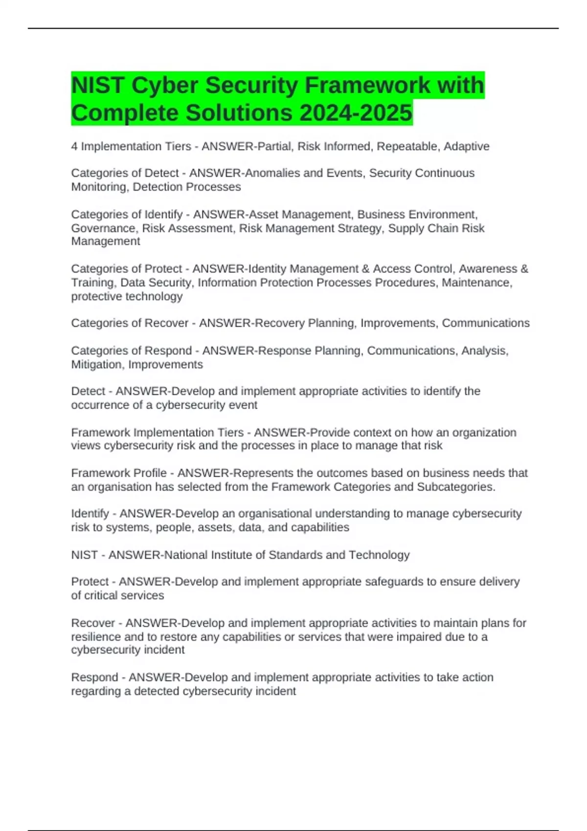 NIST Cyber Security Framework with Complete Solutions - NIST - Stuvia US