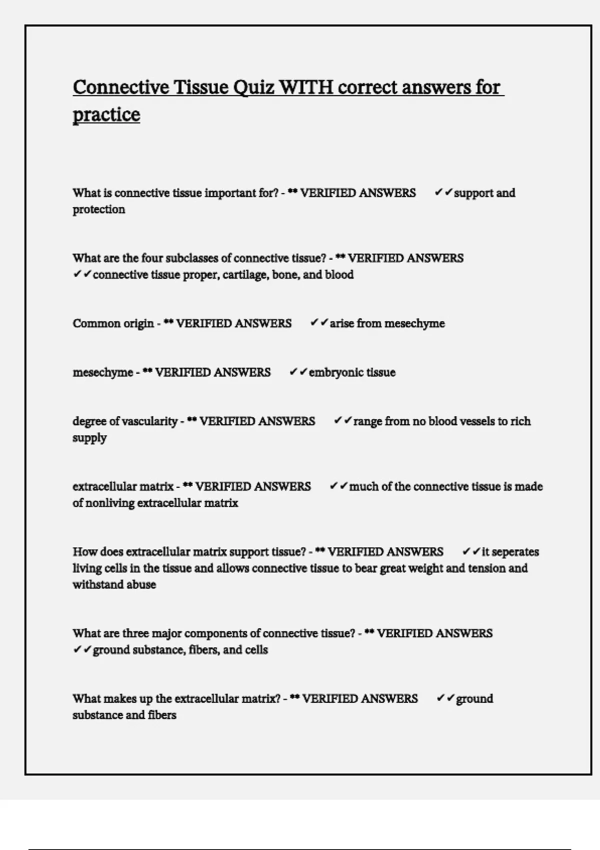 Connective Tissue Quiz WITH correct answers for practice - Connective ...