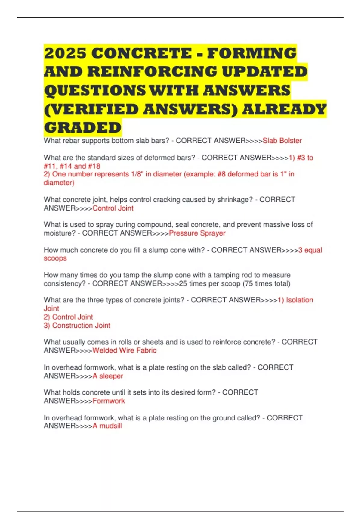 2025 CONCRETE - FORMING AND REINFORCING UPDATED QUESTIONS WITH ANSWERS ...