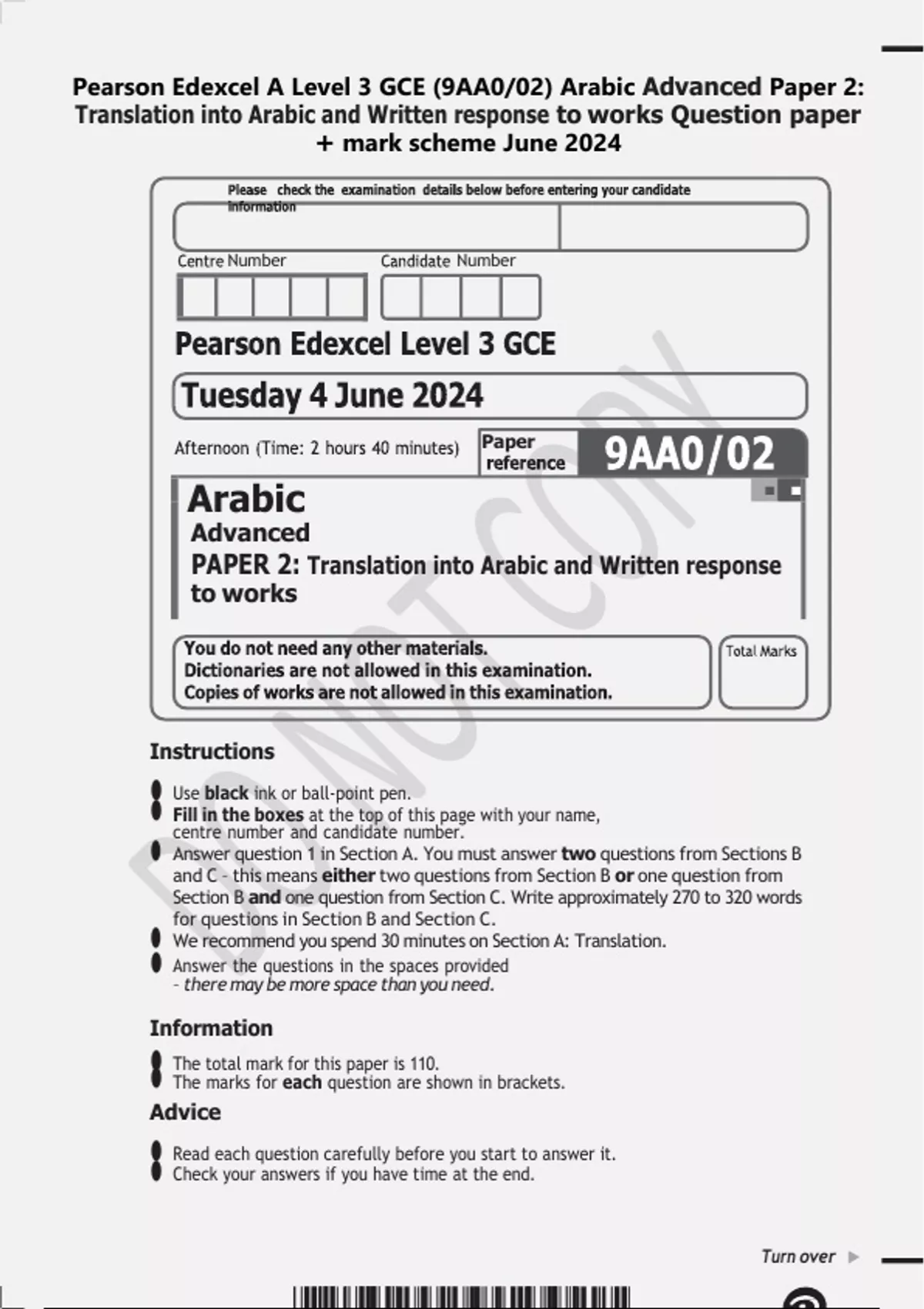 Pearson Edexcel A Level 3 GCE (9AA0/02) Arabic Advanced Paper 2: Translation into Arabic and ...