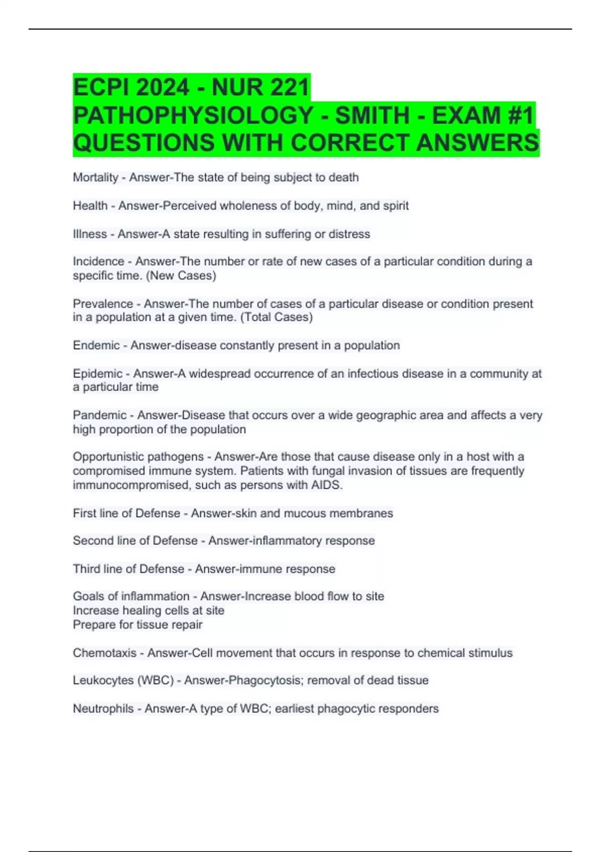 ECPI 2024 - NUR 221 PATHOPHYSIOLOGY - SMITH - EXAM #1 QUESTIONS WITH ...