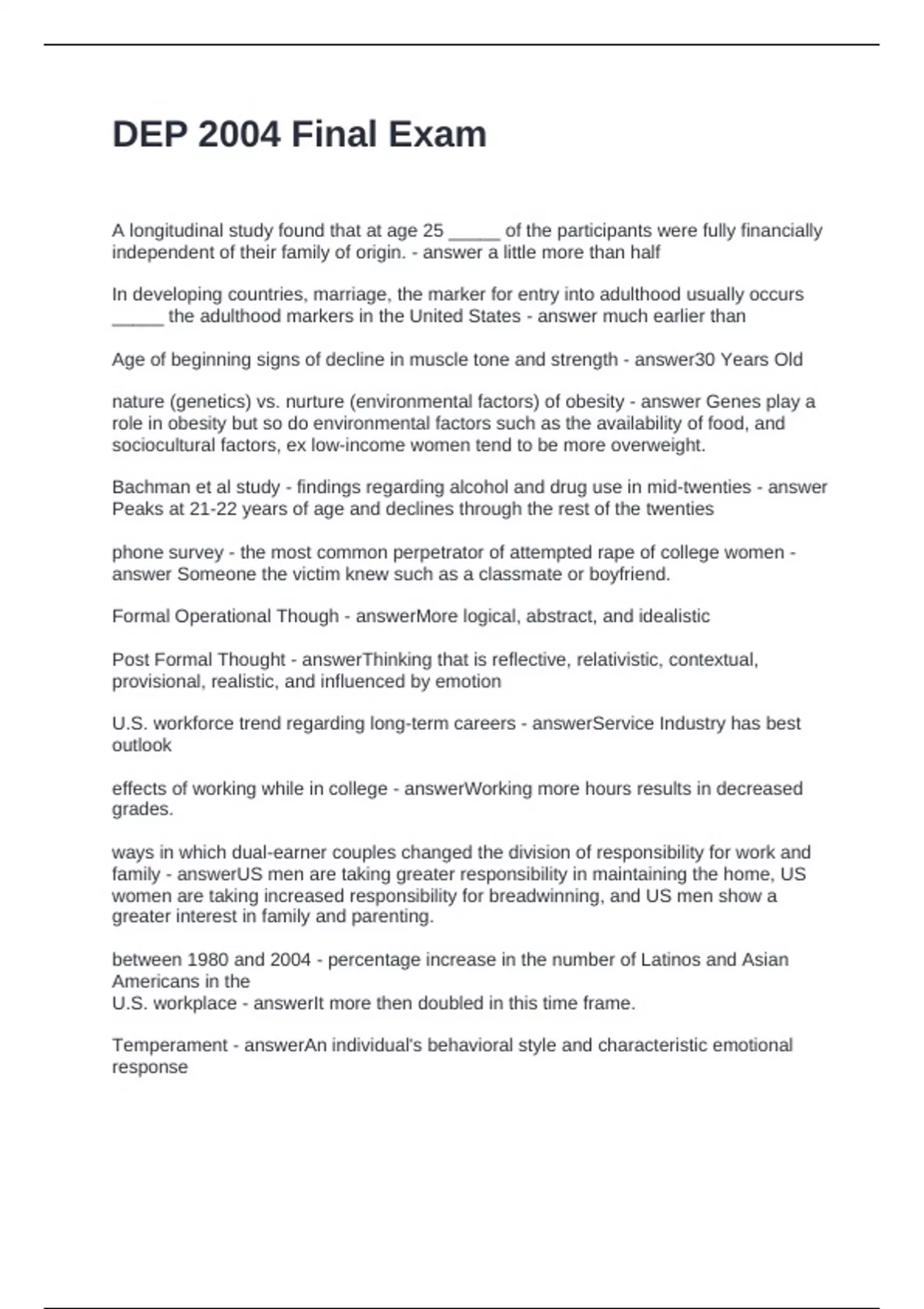 DEP 2004 Final Exam Questions and Answers Fully Solved - DEP 2004 ...