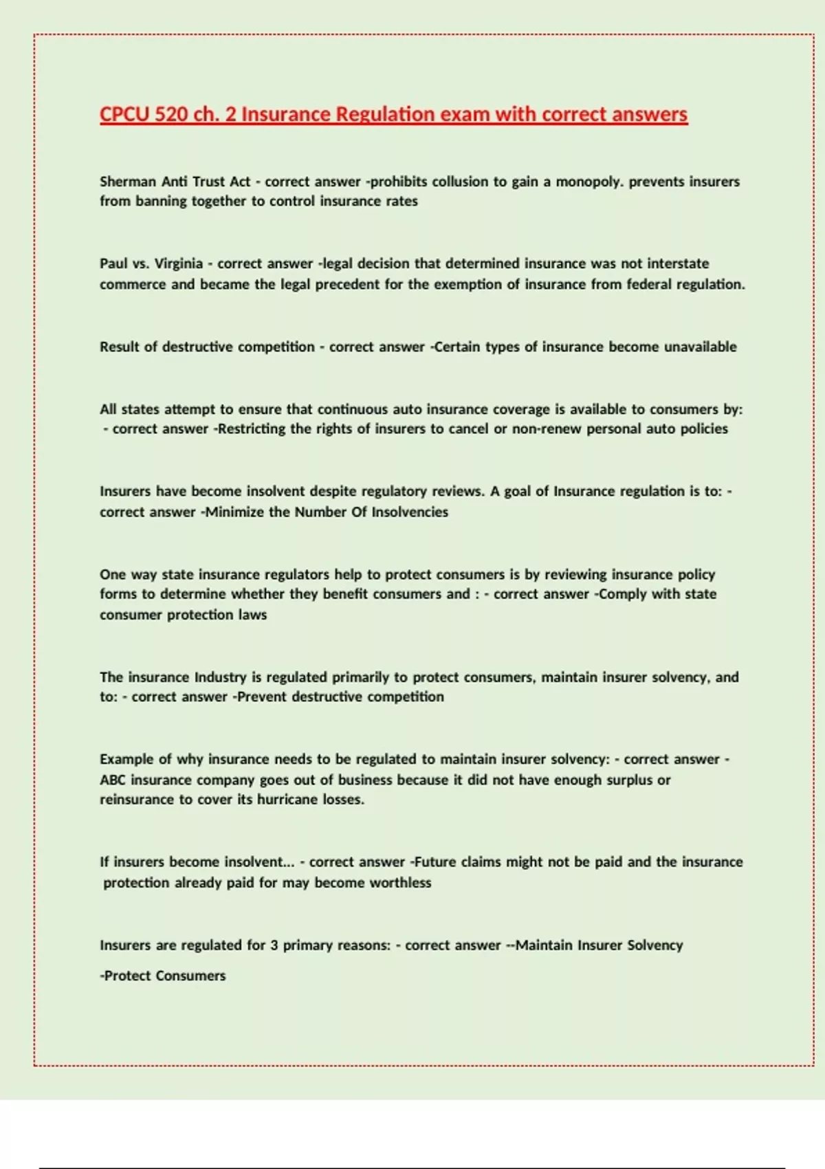 CPCU 520 ch. 2 Insurance Regulation exam with correct answers - CPCU ...