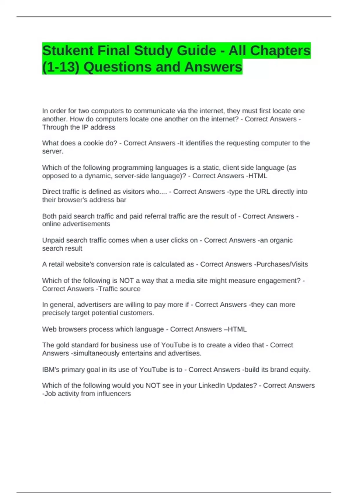 Stukent Final Study Guide - All Chapters (1-13) Questions and Answers ...