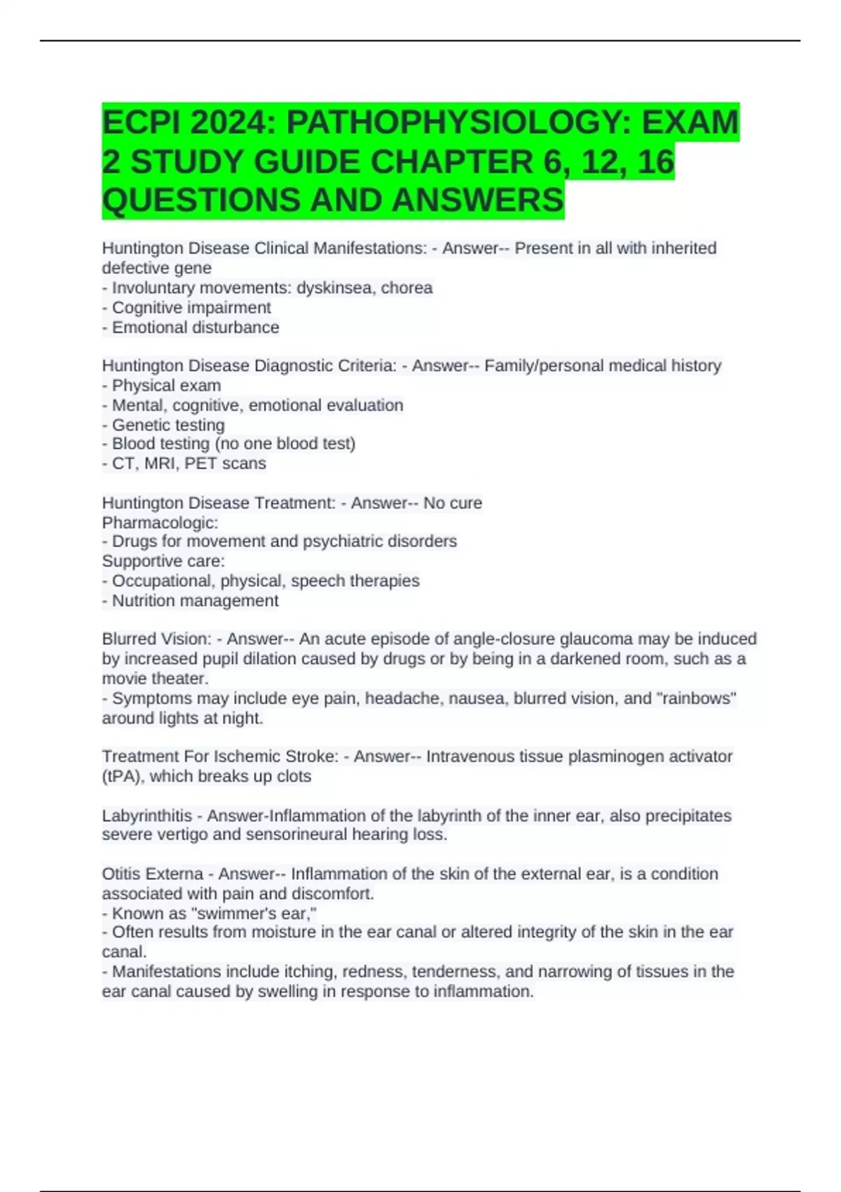 ECPI 2024: PATHOPHYSIOLOGY: EXAM 2 STUDY GUIDE CHAPTER 6, 12, 16 ...