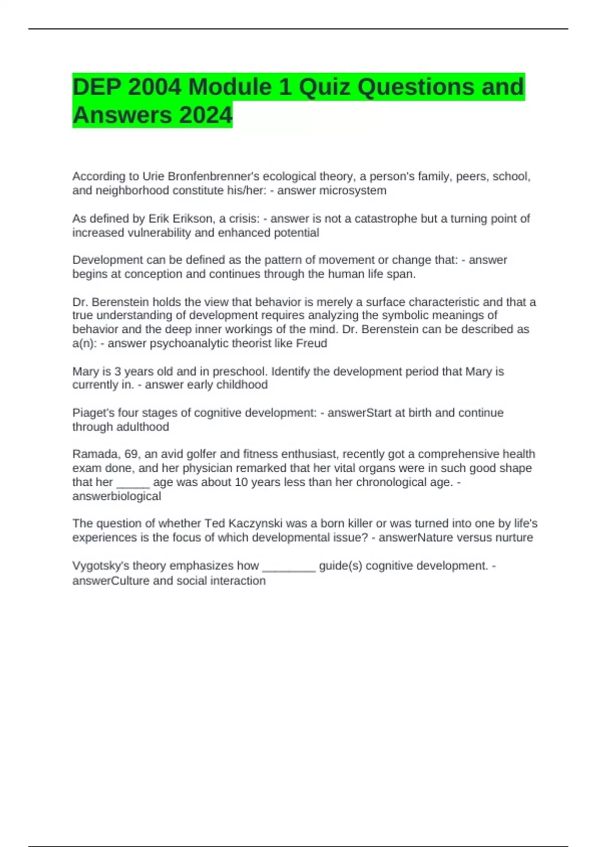 DEP 2004 Module 1 Quiz Questions and Answers 2024 - DEP 2004 - Stuvia US