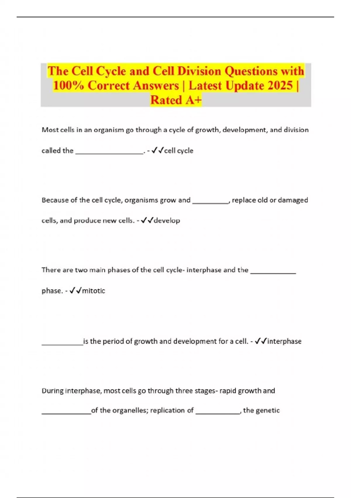 The Cell Cycle and Cell Division Questions with 100% Correct Answers ...