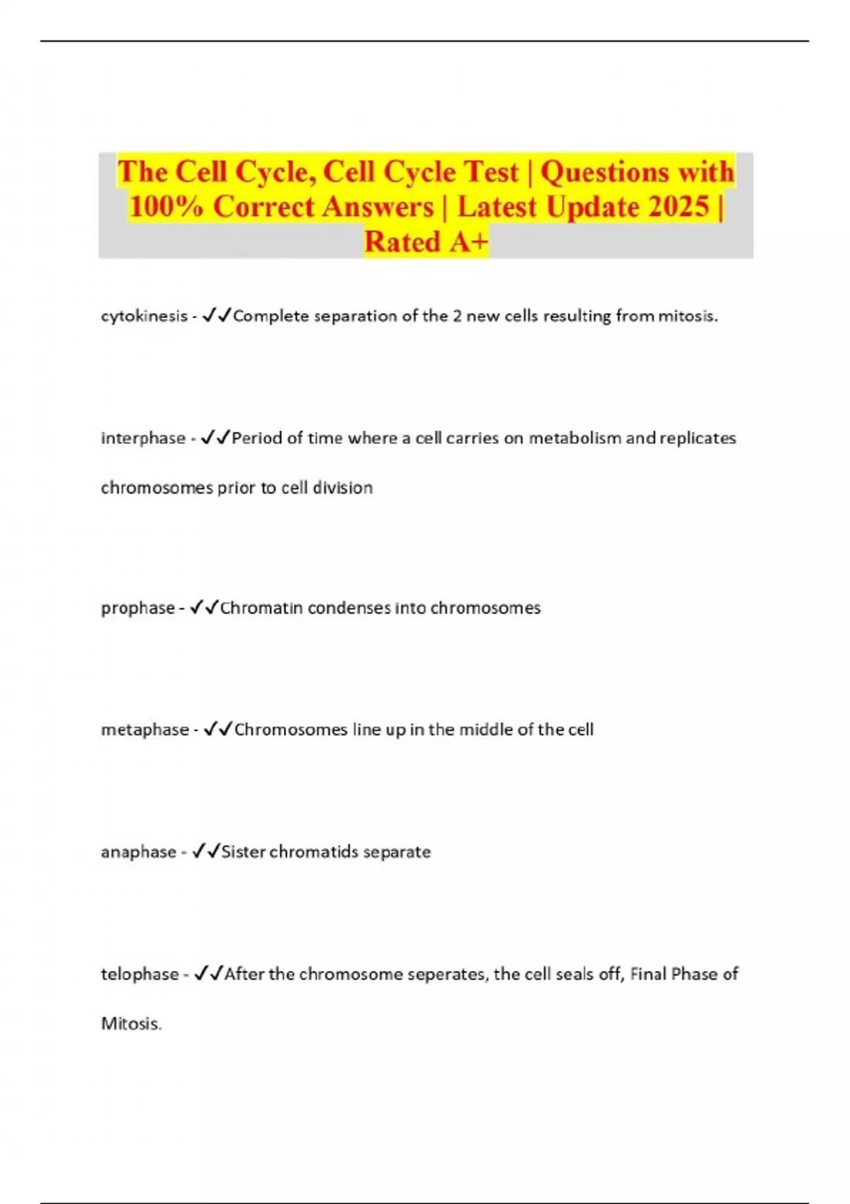 The Cell Cycle, Cell Cycle Test | Questions with 100% Correct Answers ...