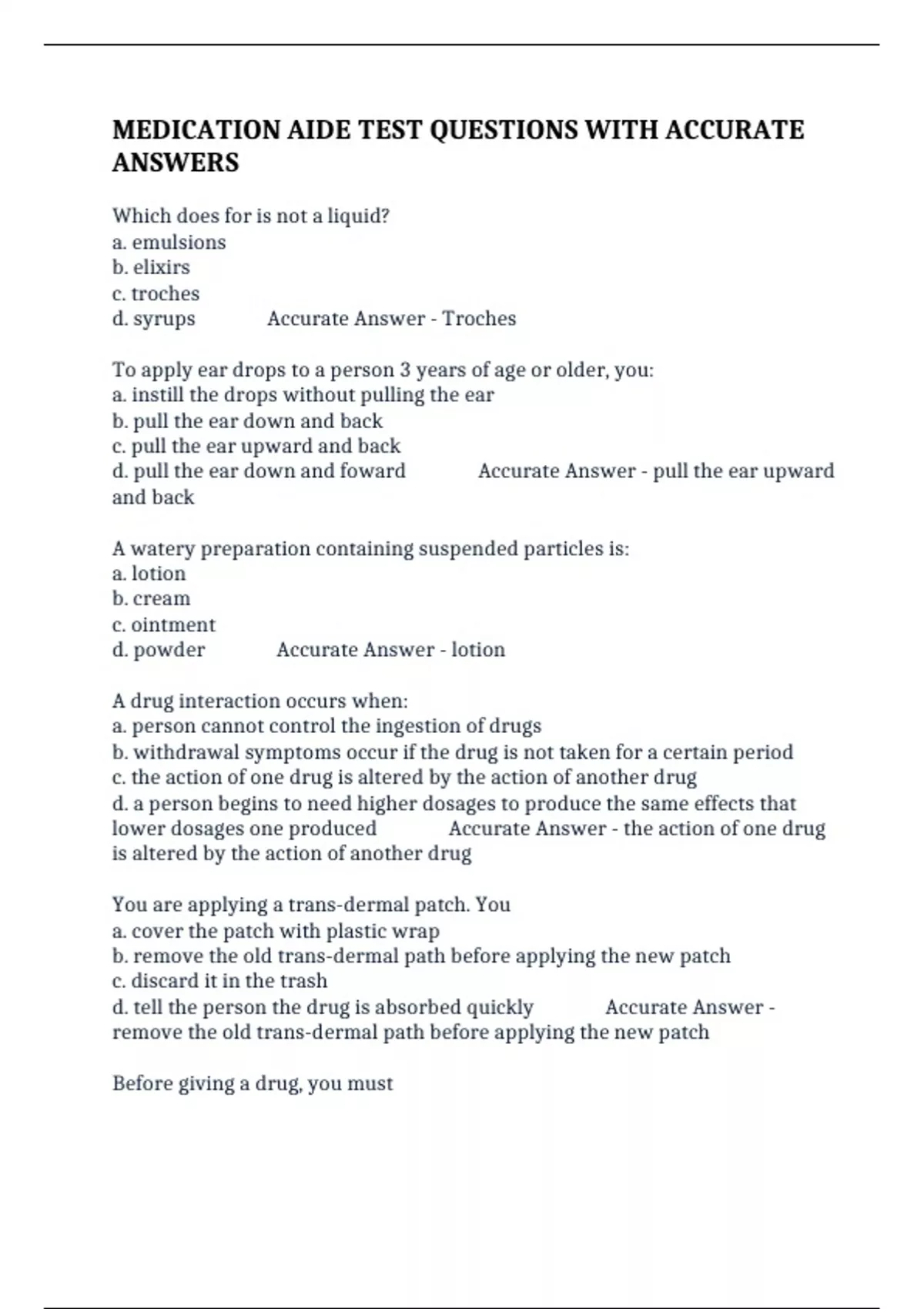 MEDICATION ANSWERS AIDE TEST QUESTIONS WITH ACCURATE - Med aide state ...