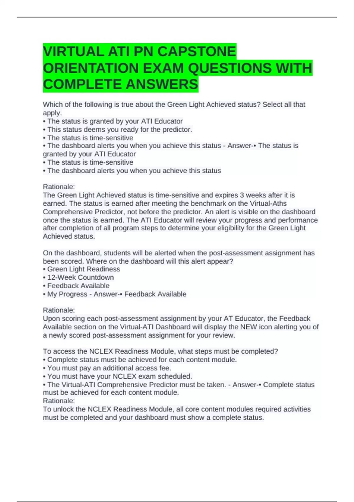 VIRTUAL ATI PN CAPSTONE ORIENTATION EXAM QUESTIONS WITH COMPLETE ...