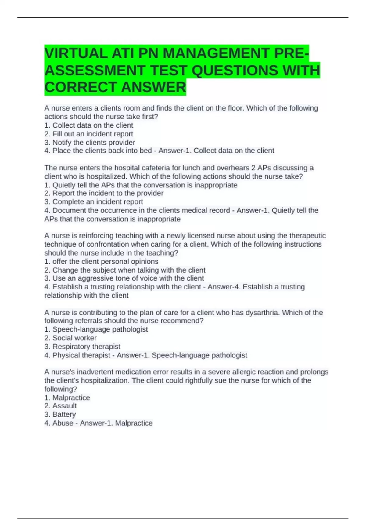 VIRTUAL ATI PN MANAGEMENT PRE-ASSESSMENT TEST QUESTIONS WITH CORRECT ...