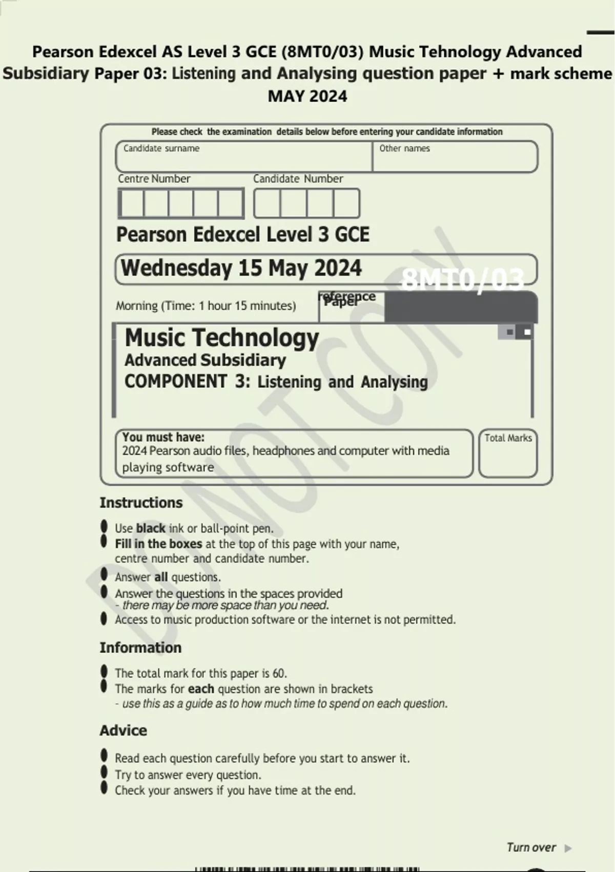Pearson Edexcel AS Level 3 GCE (8MT0/03) Music Tehnology Advanced ...