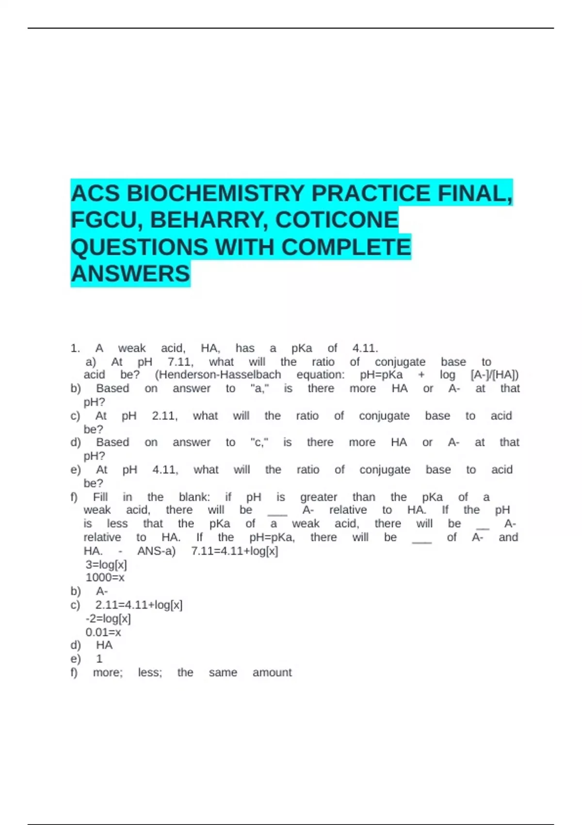 ACS BIOCHEMISTRY PRACTICE FINAL, FGCU, BEHARRY, COTICONE QUESTIONS WITH ...