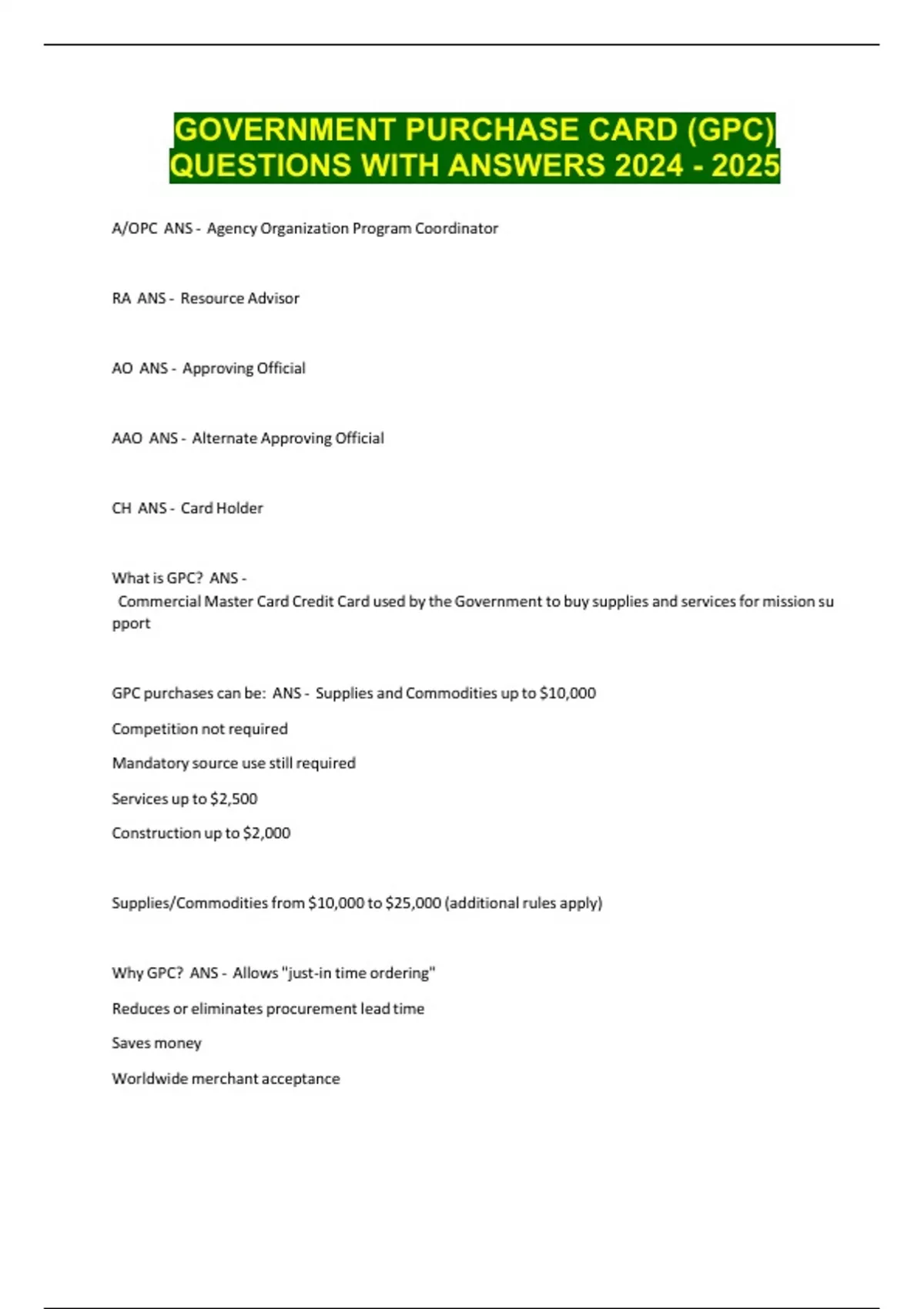 GOVERNMENT PURCHASE CARD (GPC) QUESTIONS WITH ANSWERS - CLG 0010 - Stuvia US
