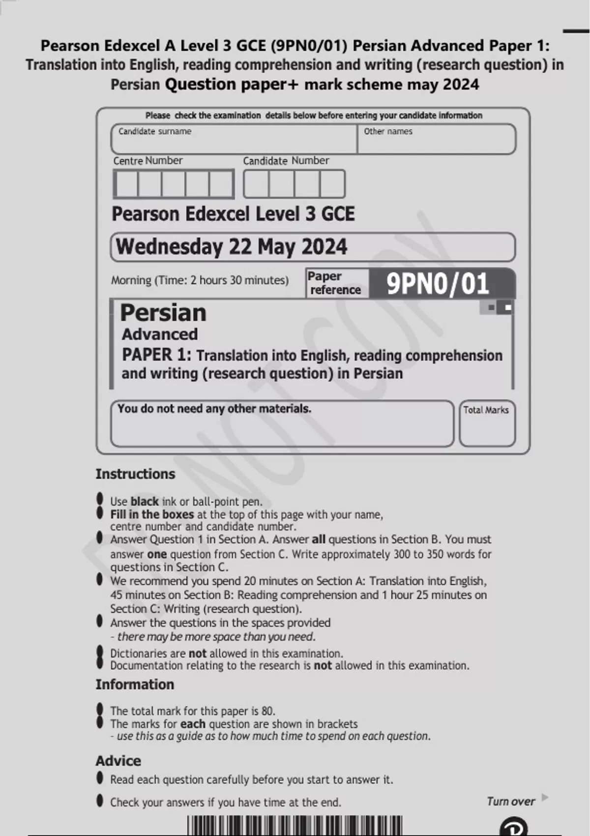 Pearson Edexcel A Level 3 GCE (9PN0/01) Persian Advanced Paper 1 ...