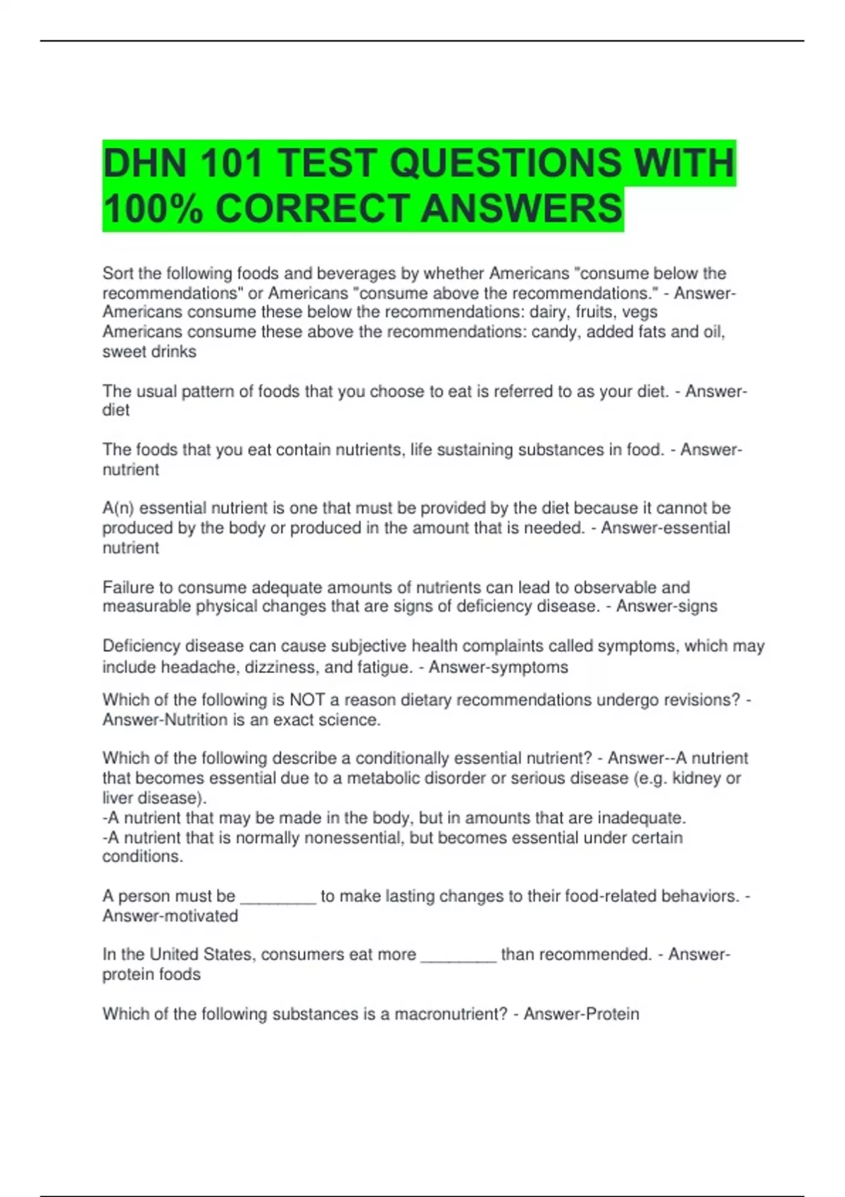 DHN 101 TEST QUESTIONS WITH 100% CORRECT ANSWERS - DHN 101 - Stuvia US