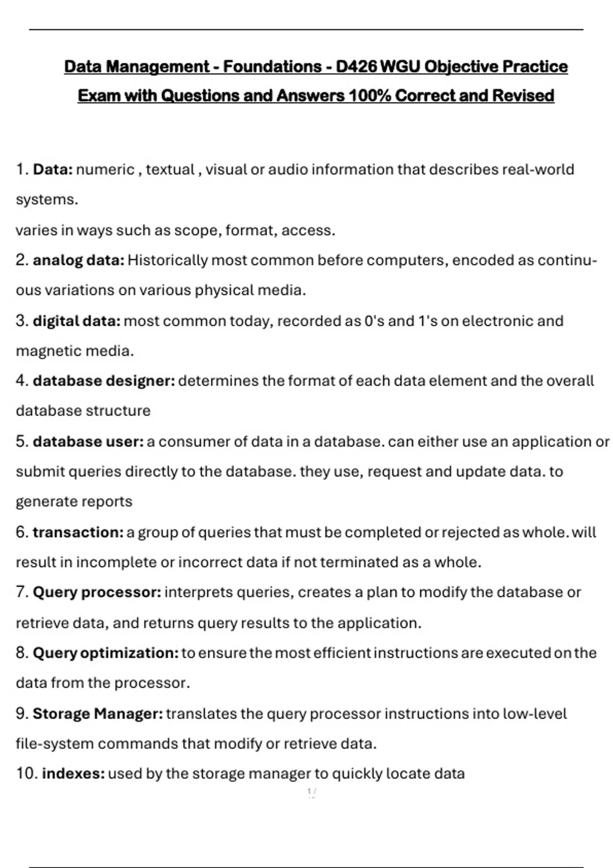 2025/2026 Data Management - Foundations - D426 WGU Objective Practice Exam with Questions and ...