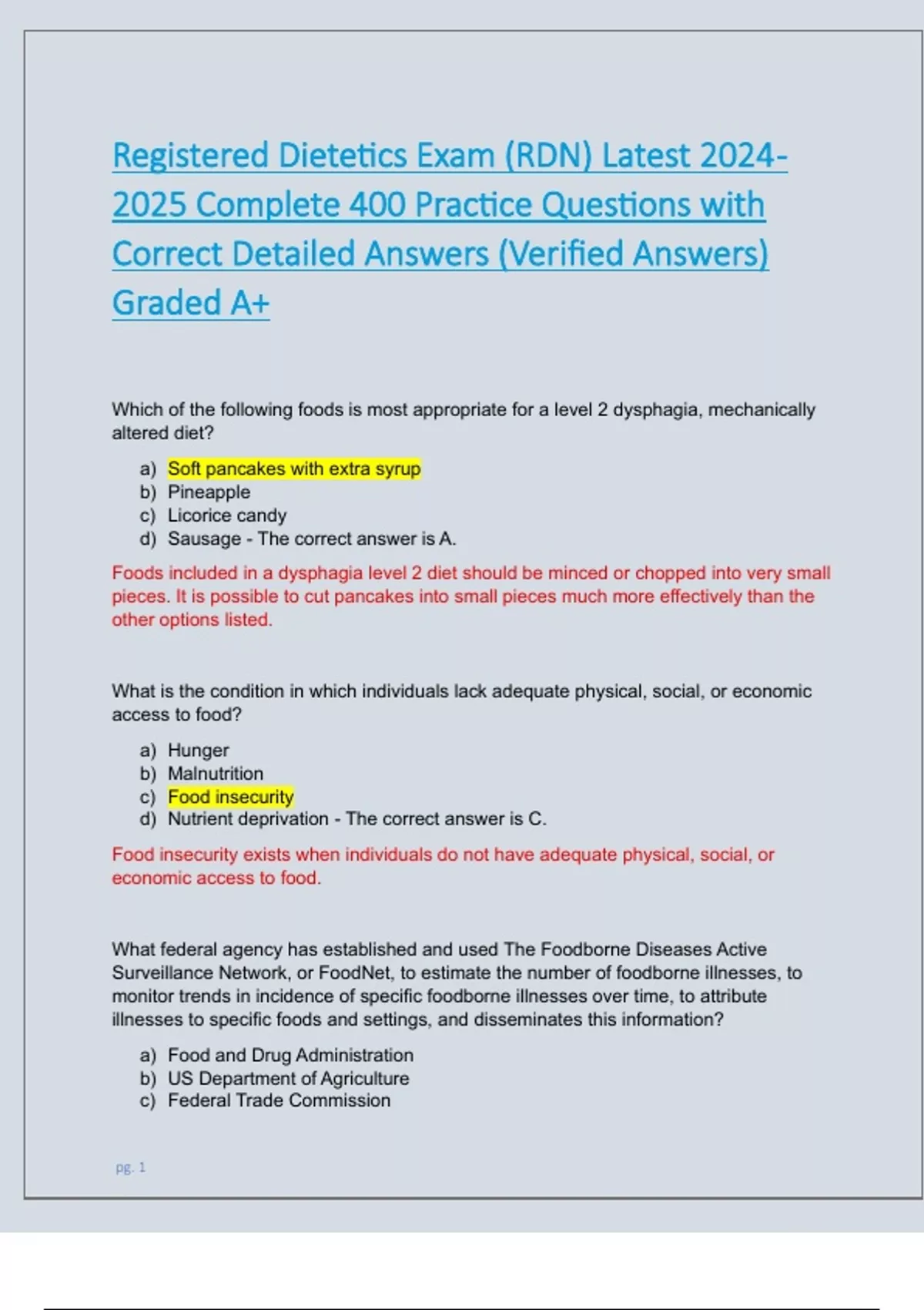 Registered Dietetics Exam (RDN) Latest Complete 400 Practice Questions ...