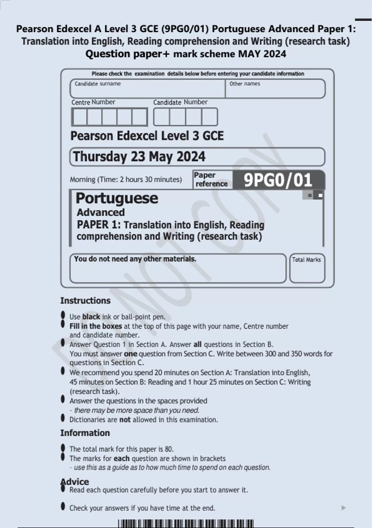 Pearson Edexcel A Level 3 GCE (9PG0/01) Portuguese Advanced Paper 1 ...