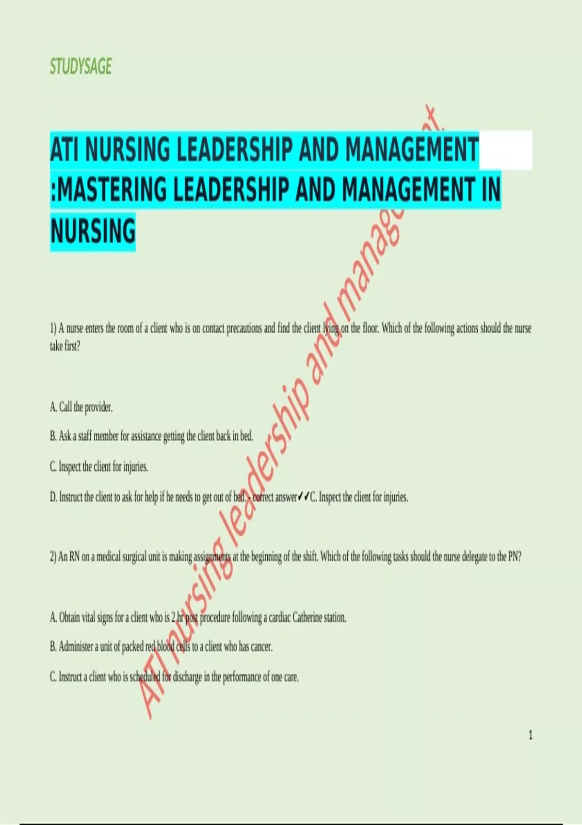 ATI nursing leadership and management - ATI nursing leadership and ...