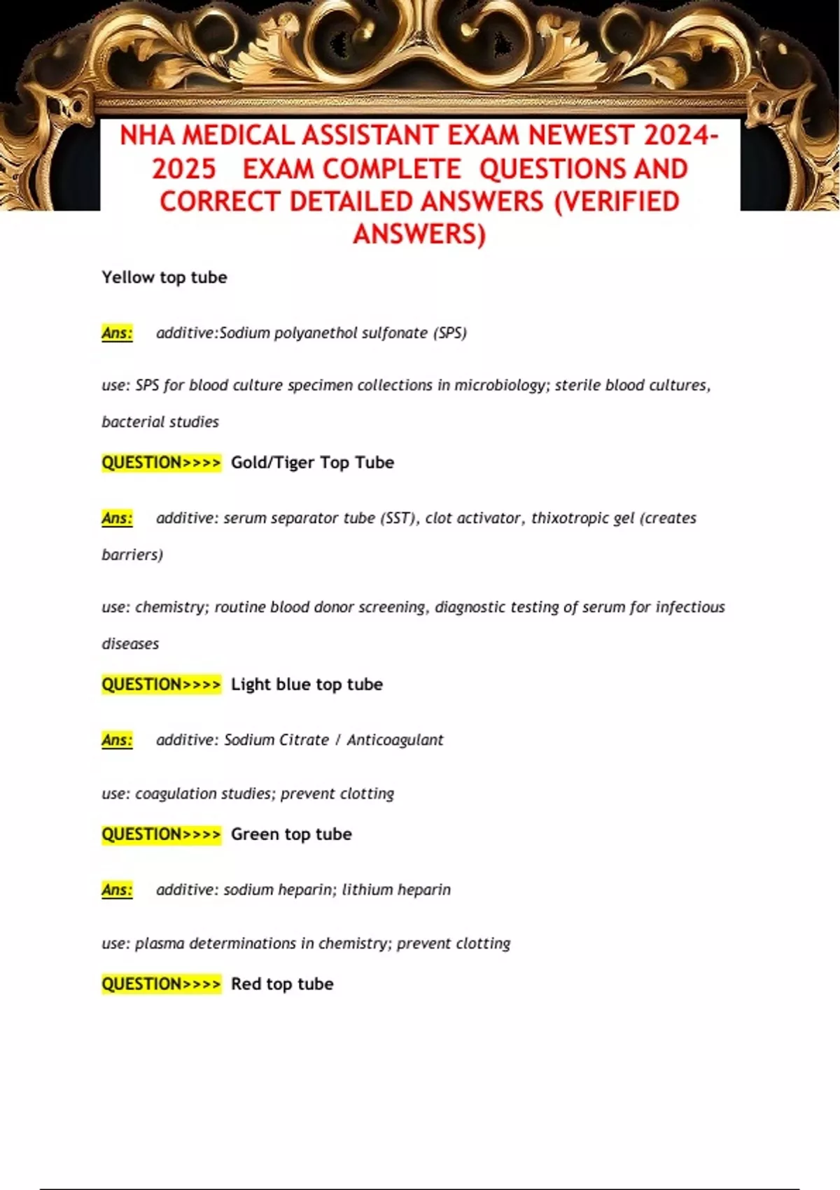 NHA MEDICAL ASSISTANT EXAM NEWEST EXAM COMPLETE QUESTIONS AND CORRECT ...