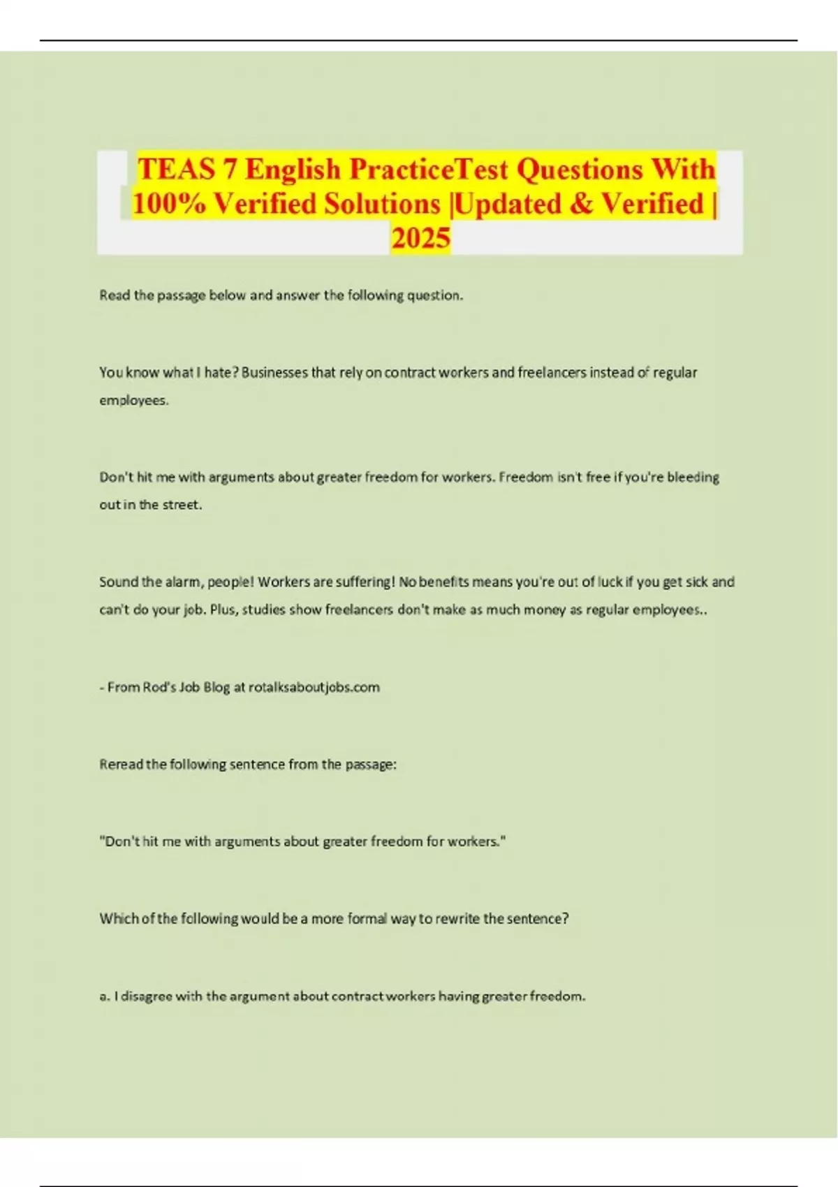 TEAS 7 English Practice Test Questions With 100% Verified Solutions ...