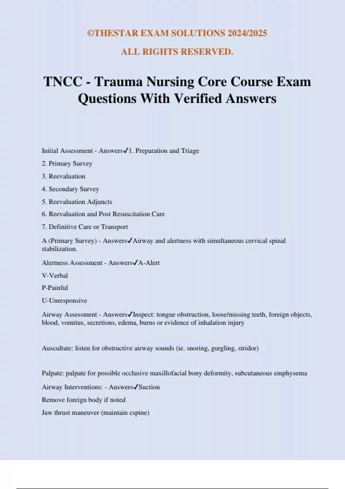 TNCC - Trauma Nursing Core Course Exam Questions With Verified Answers ...