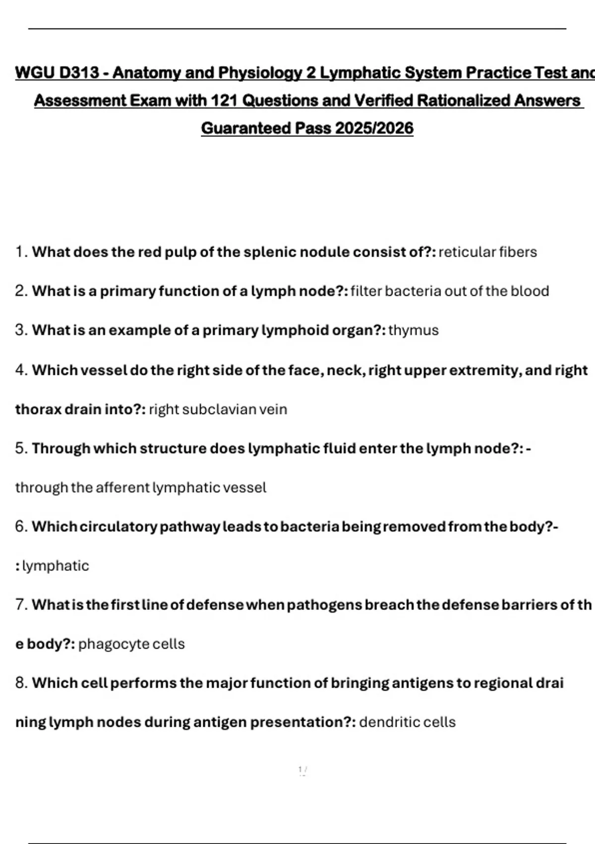 WGU D313 - Anatomy and Physiology 2 Lymphatic System Practice Test and ...