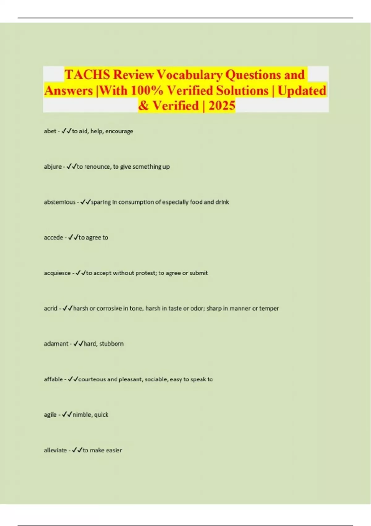 TACHS Review Vocabulary Questions and Answers |With 100% Verified ...