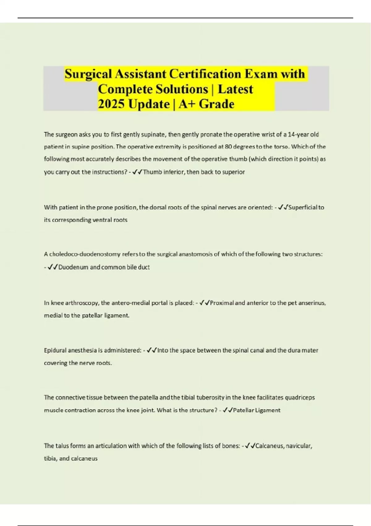 Surgical Assistant Certification Exam with Complete Solutions | Latest ...