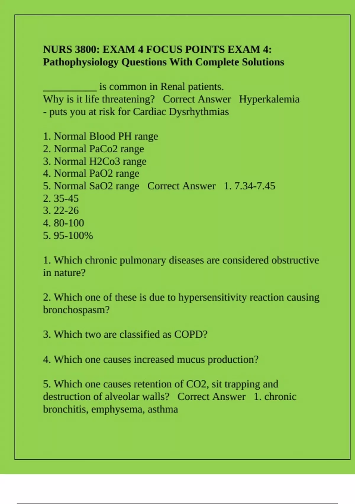 Nurs 3800 Exam 4 Focus Points Exam 4 Pathophysiology Questions With