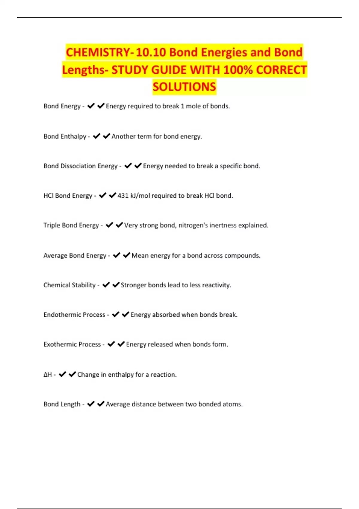 CHEMISTRY- 10.10 Bond Energies and Bond Lengths- STUDY GUIDE WITH 100% ...
