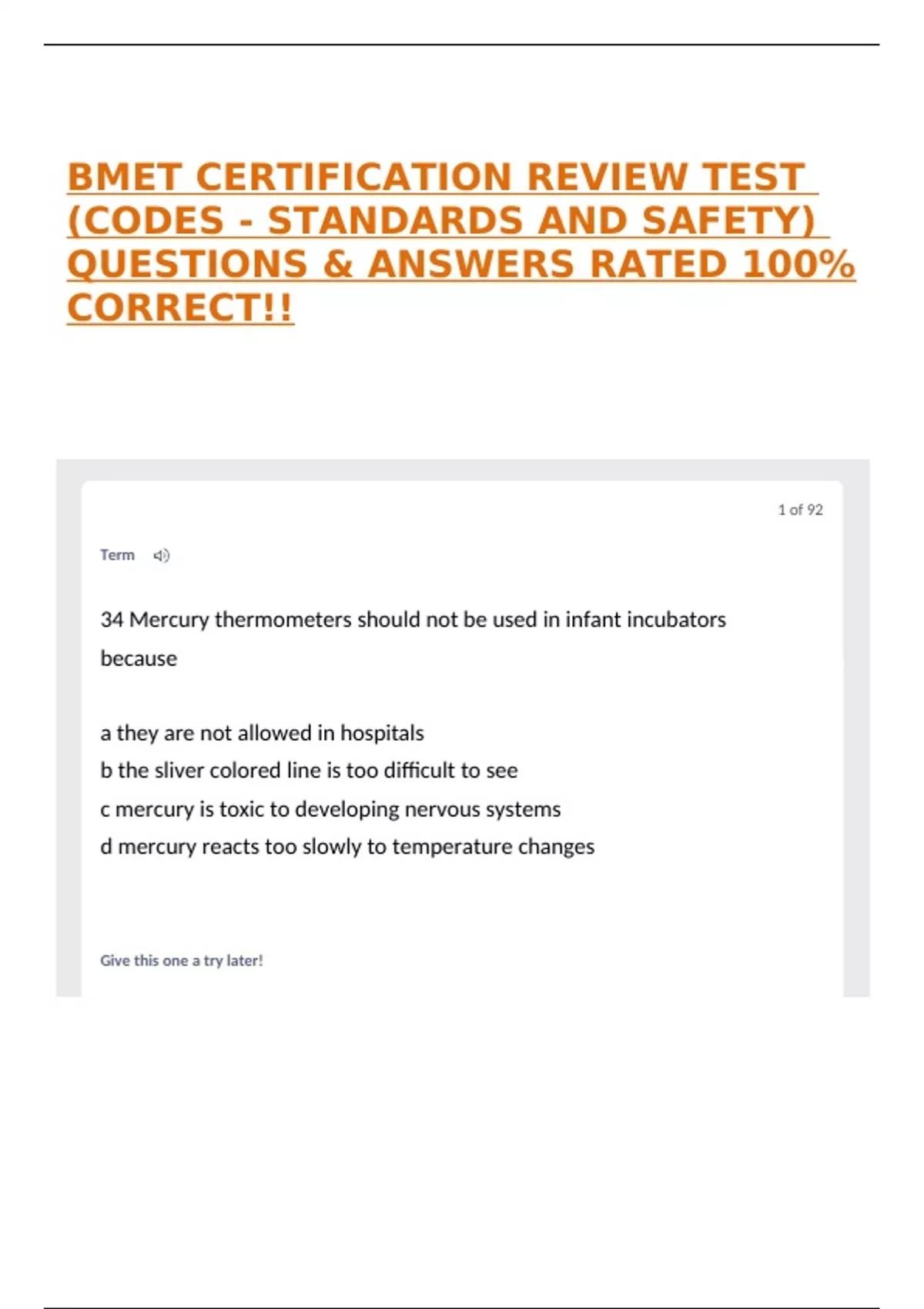 BMET CERTIFICATION REVIEW TEST (CODES - STANDARDS AND SAFETY) QUESTIONS ...
