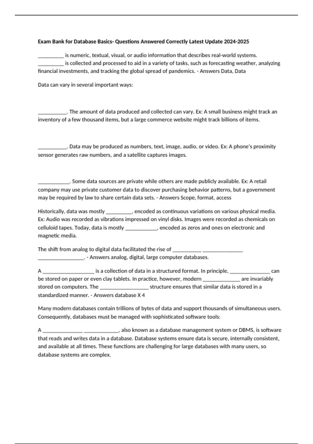 Exam Bank for Database Basics- Questions Answered Correctly Latest ...
