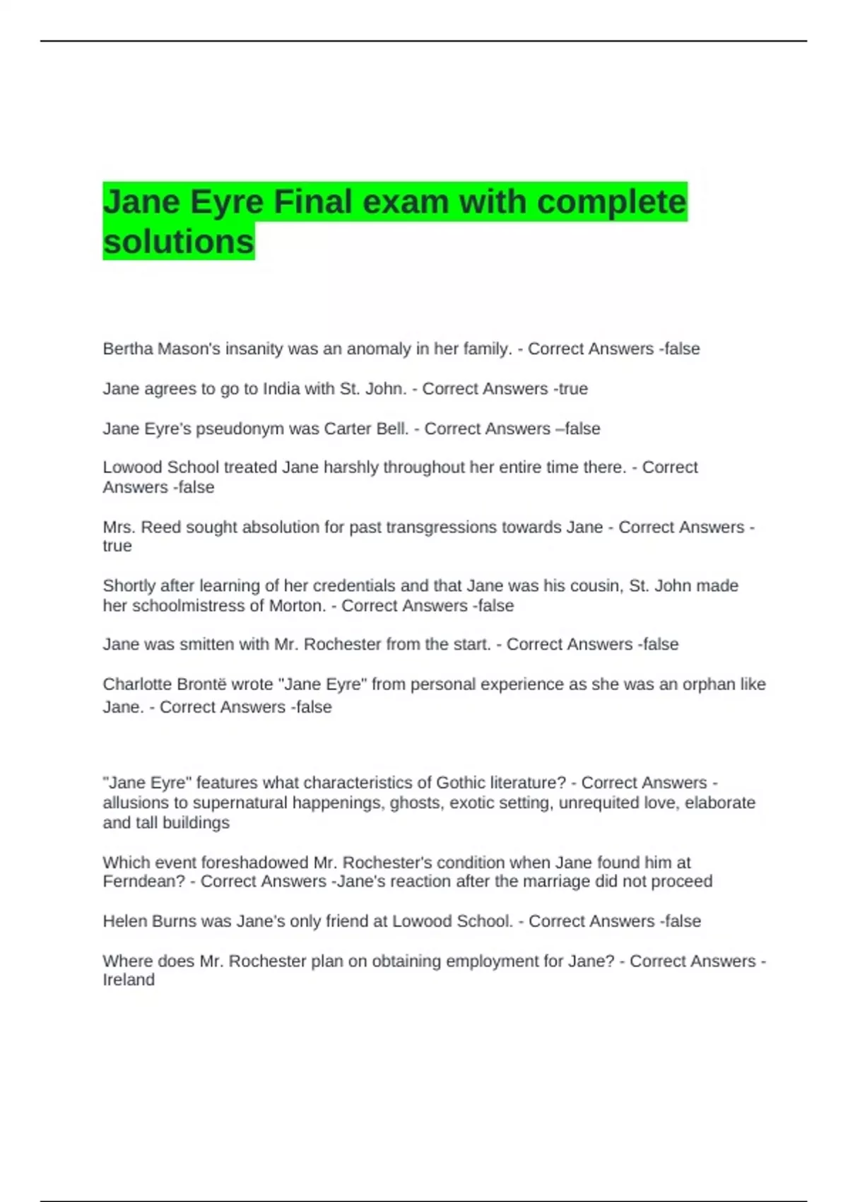 Jane Eyre Final exam with complete solutions - Jane eyre - Stuvia US